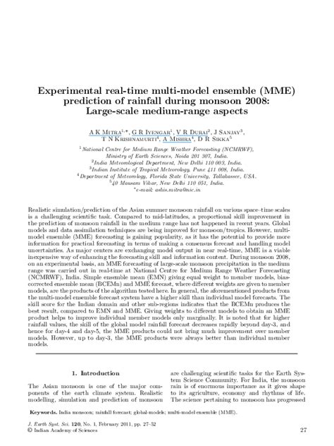 Pdf Experimental Real Time Multi Model Ensemble Mme Prediction Of Rainfall During Monsoon