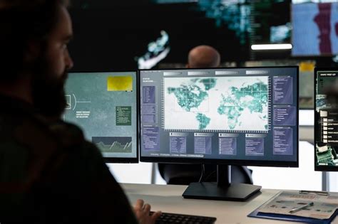 Premium Photo Trooper Examines Surveillance Radar Cctv Imagery In Control Center