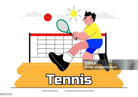 테니스 선수의 벡터 일러스트 레이 션은 플랫 만화 스타일 배경에서 스포츠 경기 중 코트에서 공을 가진 라켓을 들고 있습니다 Championship에 대한 스톡 벡터 아트 및