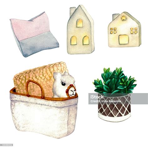 도자기 집 등불 고리 버들 바구니 장난감 라마 가정 식물 및 베개로 수채화 세트 삽화 흰색 배경에 가정 장식 요소 0명에 대한 스톡 벡터 아트 및 기타 이미지 Istock