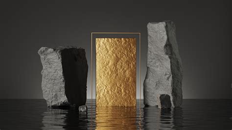 3d 렌더링 황금 패널과 프레임이있는 추상적 인 배경 반사와 함께 물 속에 서있는 검은 깨진 바위 자갈 돌 유적 제품 프레젠테이션을 위한 쇼케이스 장면 0명에 대한 스톡