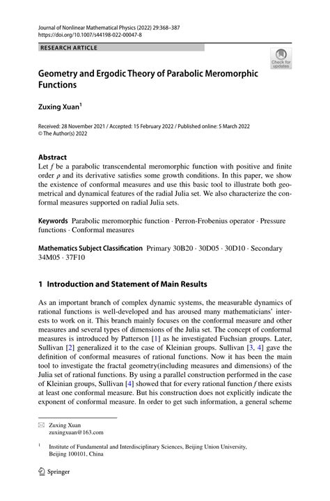 Pdf Geometry And Ergodic Theory Of Parabolic Meromorphic Functions