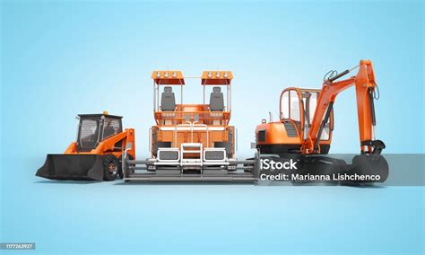 그림자와 파란색 배경에 버킷 3d 렌더링 오렌지 무거운 기계 밥캣 굴삭기 아스팔트 포장기의 그룹 0명에 대한 스톡 사진 및 기타 이미지 Istock