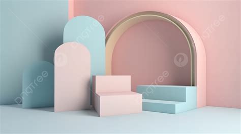 파스텔 기하학적 벽 예술 및 인테리어 3d 렌더링 제품용 파스텔 색상 단상 및 벽에 3d 렌더링 표시 고화질 사진 사진 배경