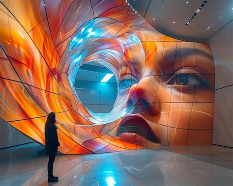 Premium Photo Woman Observing Futuristic Digital Art Display Generative Ai