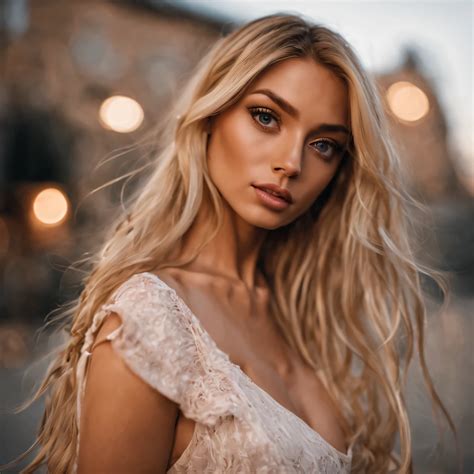 A Woman With Long Blonde Hair And A White Dress Posing For A Picture