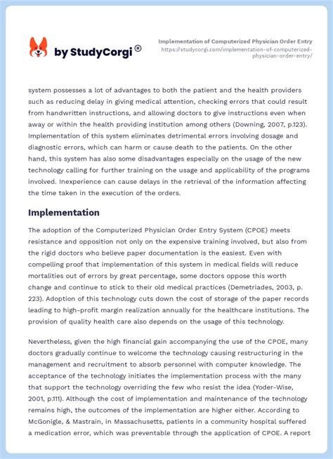 Implementation Of Computerized Physician Order Entry Free Essay Example