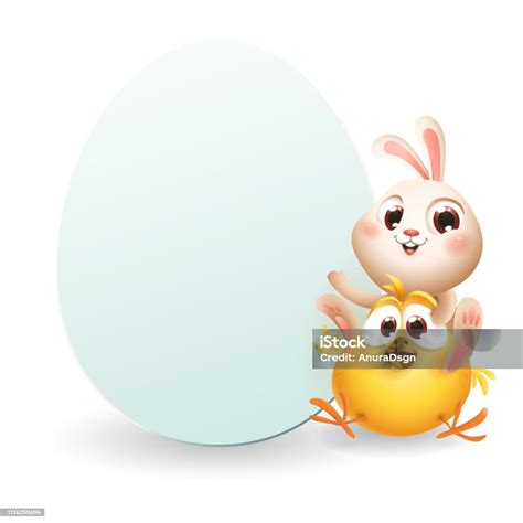 귀여운 아기 부활절 토끼와 계란 모양 보드와 치킨흰색 고립 된 배경에 템플릿 3차원 형태에 대한 스톡 벡터 아트 및 기타 이미지 3차원 형태 부활절 토끼 0명