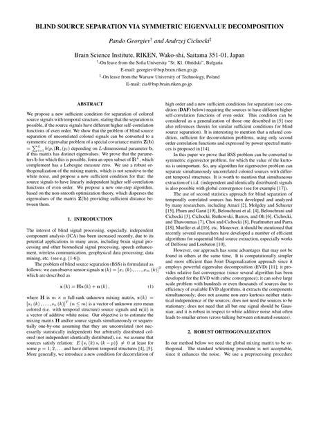 Pdf Blind Source Separation Via Symmetric Eigenvalue Decomposition