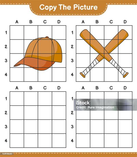 그림을 복사그리드 라인을 사용하여 캡 햇과 야구 방망이의 사진을 복사합니다 교육 어린이 게임 인쇄 워크 시트 벡터 일러스트레이션