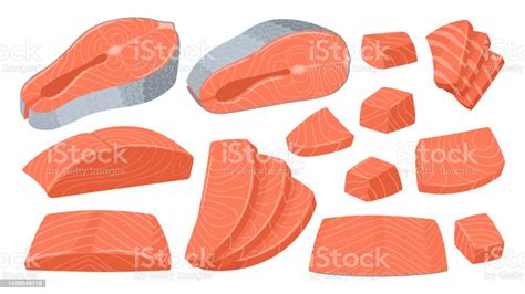 만화 슬라이스 연어 붉은 생선 조각 맛있는 사시미 조각 연어 스테이크 필레 플랫 벡터 일러스트레이션 세트 연어 조각 수집 연어