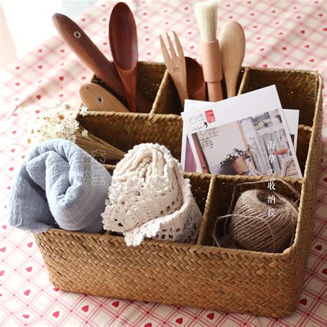 出口纯手工原材海草编织收纳筐桌面杂物化妆品多格分七格收纳篮 虎窝淘