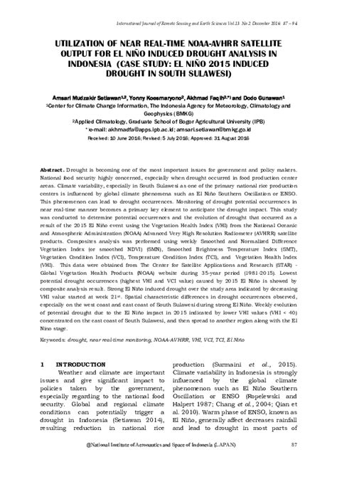 Pdf Utilization Of Near Real Time Noaa Avhrr Satellite Output For El NiÑo Induced Drought