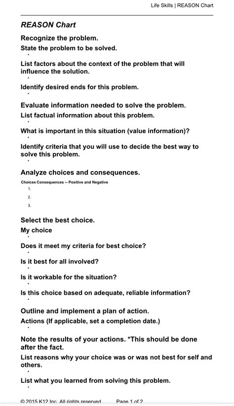 Solved Life Skills Reason Chart Reason Chart Recognize The Problem