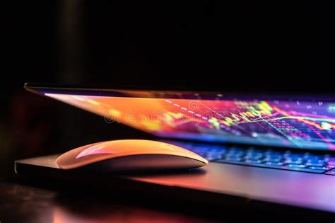 A Laptop Half Closed In The Dark With Colourful Glow And Computer Mouse