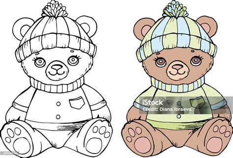 색칠 공부 책 2 종류 개요 및 색상에 대한 테디 베어의 벡터 그림 Eps 10 형식 흰색 배경에 고립 된 귀여운 만화 테디 베어 색칠 페이지 벡터 일러스트 레이 션을