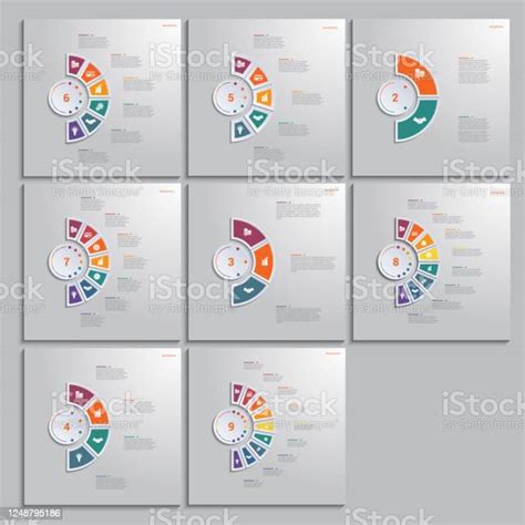 템플릿 인포그래픽 2 3 4 5 6 7 8 9 위치 텍스트 영역에 대한 원 주위에 여러 가지 빛깔의 요소가 있는 다이어그램 개념에 대한 스톡 벡터 아트 및 기타 이미지