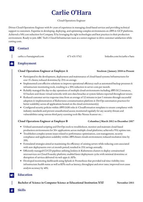 Cloud Operations Engineer Resume Cv Example And Writing Guide
