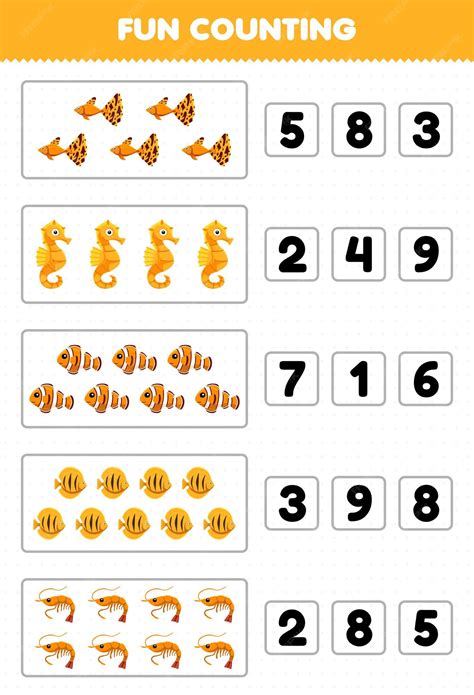아이들을 위한 교육 게임은 귀여운 만화 물고기 해마 새우 인쇄 가능한 수중 워크시트의 정확한 숫자를 세고 선택하는 재미를 줍니다 프리미엄 벡터