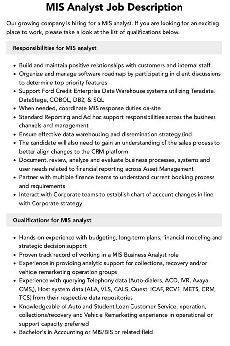 Mis Analyst Job Description Velvet Jobs
