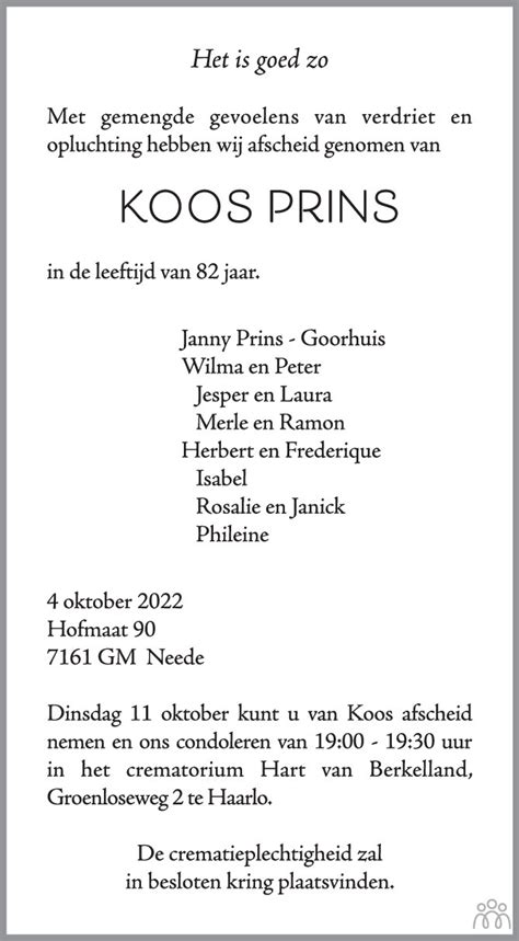 Koos Prins 04 10 2022 Overlijdensbericht En Condoleances Mensenlinq Nl