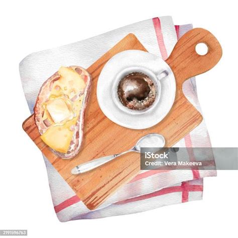 그린 수채화 치즈 토스트와 숟가락을 곁들인 커피 한 잔이 키친 타월과 함께 나무 판에 제공됩니다 0명에 대한 스톡 벡터 아트 및 기타 이미지 Istock