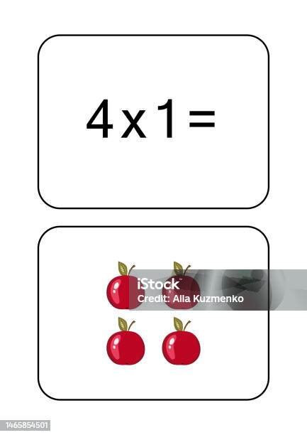 4의 곱셈표 예를 들어 그림이있는 수학 카드 곱셈 광장 벡터 그림입니다 인쇄물 배너 어린이 학생을위한 테이블 학교 교육 논리적 과제 0명에 대한 스톡 벡터 아트 및 기타
