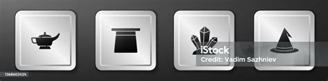 매직 램프 또는 알라딘 모자 돌과 마녀 아이콘을 설정합니다 실버 스퀘어 버튼 벡터 0명에 대한 스톡 벡터 아트 및 기타 이미지 0명 10월 결정체 Istock