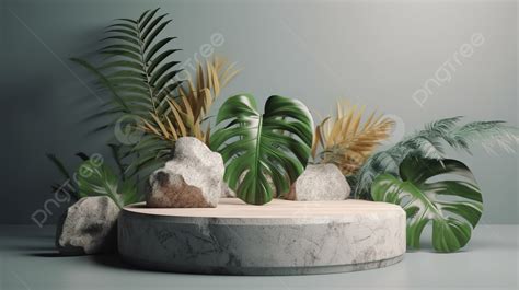 여름 식물과 열대 제품 디스플레이 석재 연단 3d 렌더링 녹색 연단 자연 연단 여름 연단 배경 일러스트 및 사진 무료