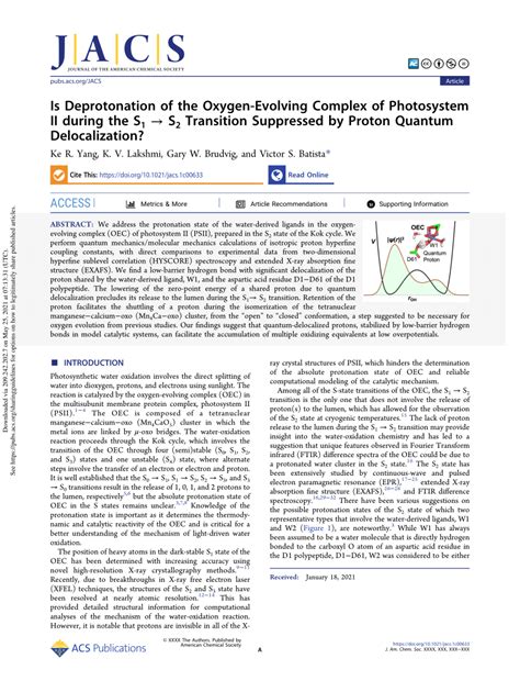 Pdf Is Deprotonation Of The Oxygen Evolving Complex Of Photosystem Ii