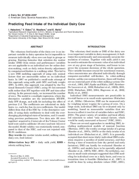Pdf Predicting Feed Intake Of The Individual Dairy Cow