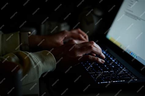Premium Photo Close Up Shot Of Anonymous Woman Typing On Laptop Keyboard At Night Online