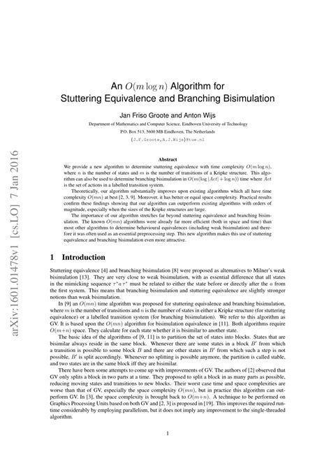 Pdf An Om Log N Algorithm For Stuttering Equivalence And Branching Bisimulation