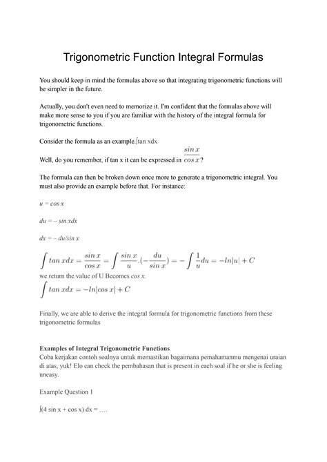 SOLUTION Trigonometric Function Integral Formulas Studypool