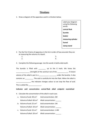 Titrations Worksheet And Simple Calculations Teaching Resources