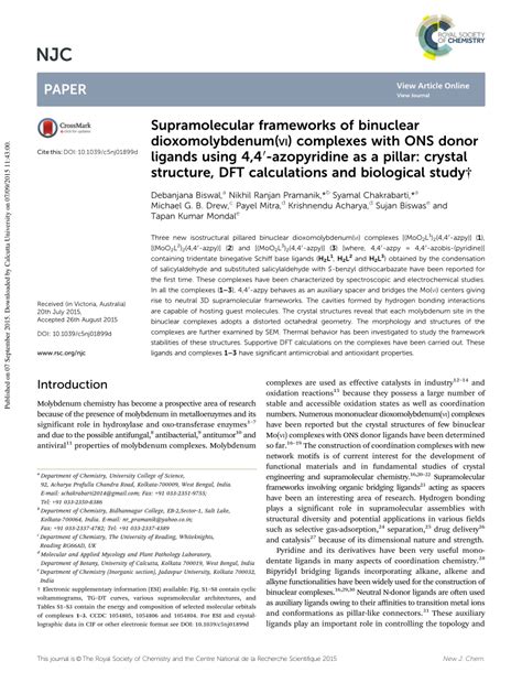 Pdf Supramolecular Frameworks Of Binuclear Dioxomolybdenumvi Complexes With Ons Donor