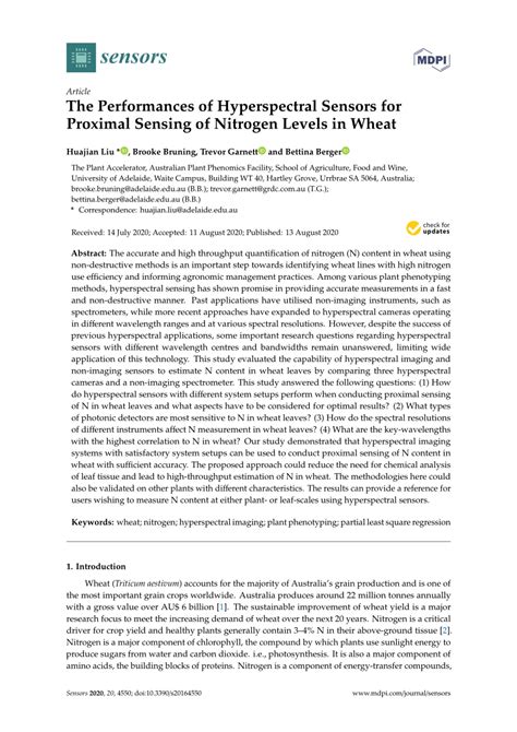 Pdf The Performances Of Hyperspectral Sensors For Proximal Sensing Of Nitrogen Levels In Wheat
