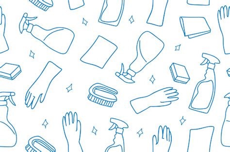 청소 장비의 이음새가 없는 패턴 청소 라인 아이콘 창문 및 다양한 표면을 청소하기 위한 손으로 그린 장비 청소 제품 및 도구 라인 가사 집안일에 대한 스톡 벡터 아트 및