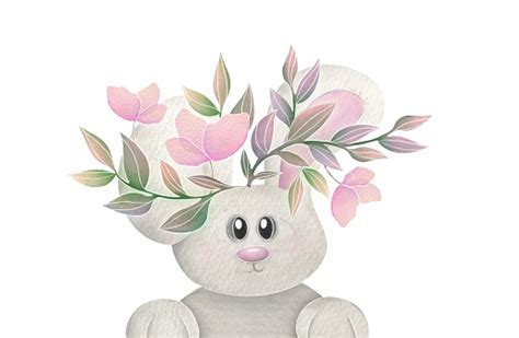 Акварельный Заяц С Цветами Красивая Иллюстрация Серого Кролика На Прозрачном Фоне — стоковая