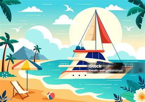 요트 벡터 일러스트 레이 션 와 페리 화물선 와 선박 요트 와 일몰 편평한 만화 배경 에서 해변에서 물 수송 관광에 대한 스톡 벡터 아트 및 기타 이미지 Istock