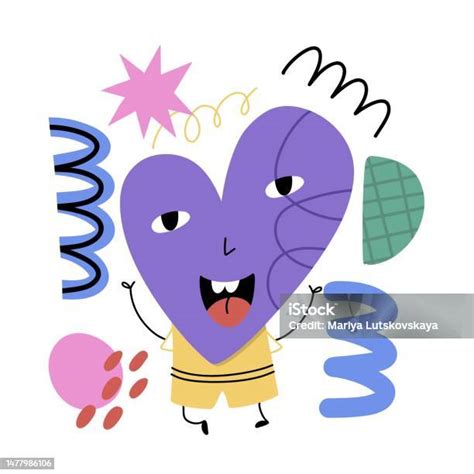 추상 기하학적 문자입니다 귀여운 얼굴 다리 손 재미있는 그래픽 마스코트를 가진 기본 심장 그림 현대 유치한 생물 포스터 또는 배너 고립 된 개체 벡터 만화 낙서 그림 0명에