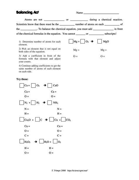 Balancing Chemicals Equations Worksheet