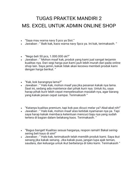 Tpm 2 Ms Excel Untuk Admin Olshop Nama Muhamad Saepudin Pdf