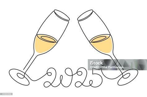 샴페인 안경 2025 년 새해 축하 하나의 라인 아트 연속 드로잉 윤곽 건배 토스트 축제 손으로 그린 휴일 장식 간단한 미니멀리스트 디자인 편집 가능한 획 격리 0명에 대한