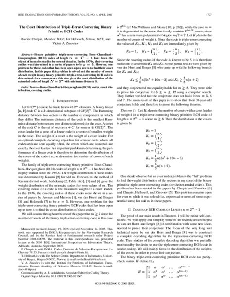 Pdf The Coset Distribution Of Triple Error Correcting Binary