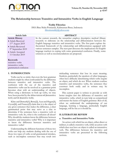 Pdf The Relationship Between Transitive And Intransitive Verbs In
