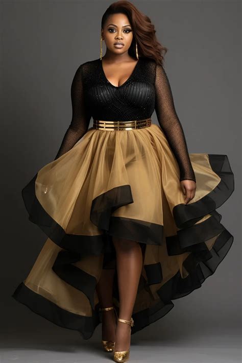 Xpluswear Design Plus Size Cocktail Party Black Gold V Neck Long Sleeve