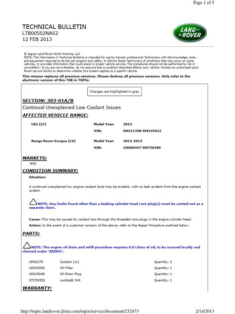 Range Rover Bulletin Info Lr2 Pdf Leak Coolant