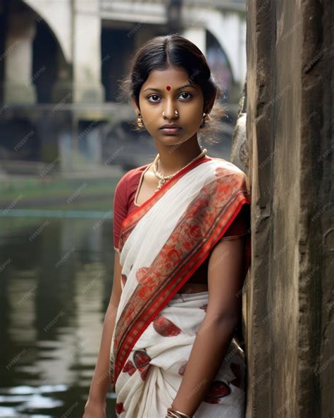 Premium Photo Bengali Girl In White Saree By The Ganges In Kolkata