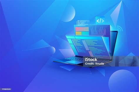 관점 웹 개발 기술 개념 설계 가상 인터랙티브 스크린 처리 웹 인터페이스 디자인 소프트웨어 코딩 및 프로그래밍 언어를 갖춘 노트북 코드에 대한 스톡 벡터 아트 및 기타